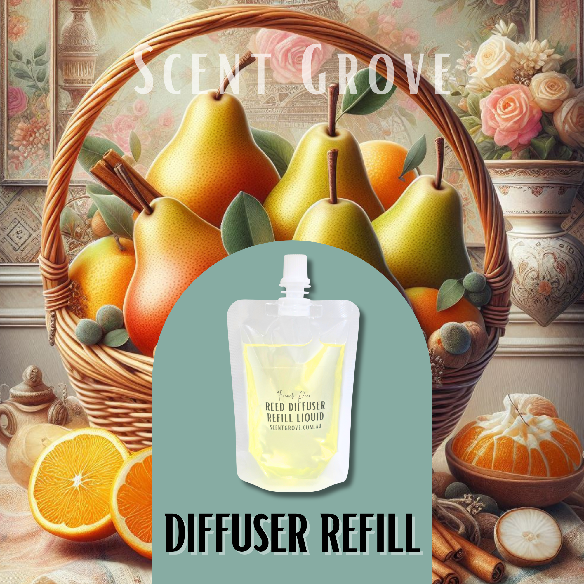 French Pear Scented Diffuser Liquid Refill 100ml Clear Pouch – Scent Grove